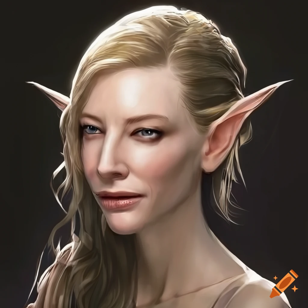 Portrait of upper body, younger Cate Blanchett, elf queen, elf circlet ...