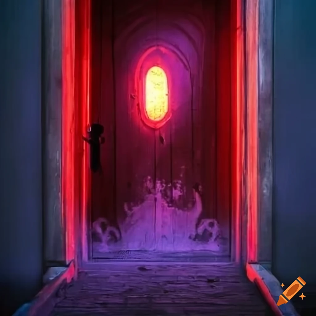Spooky door with a blue background and red light