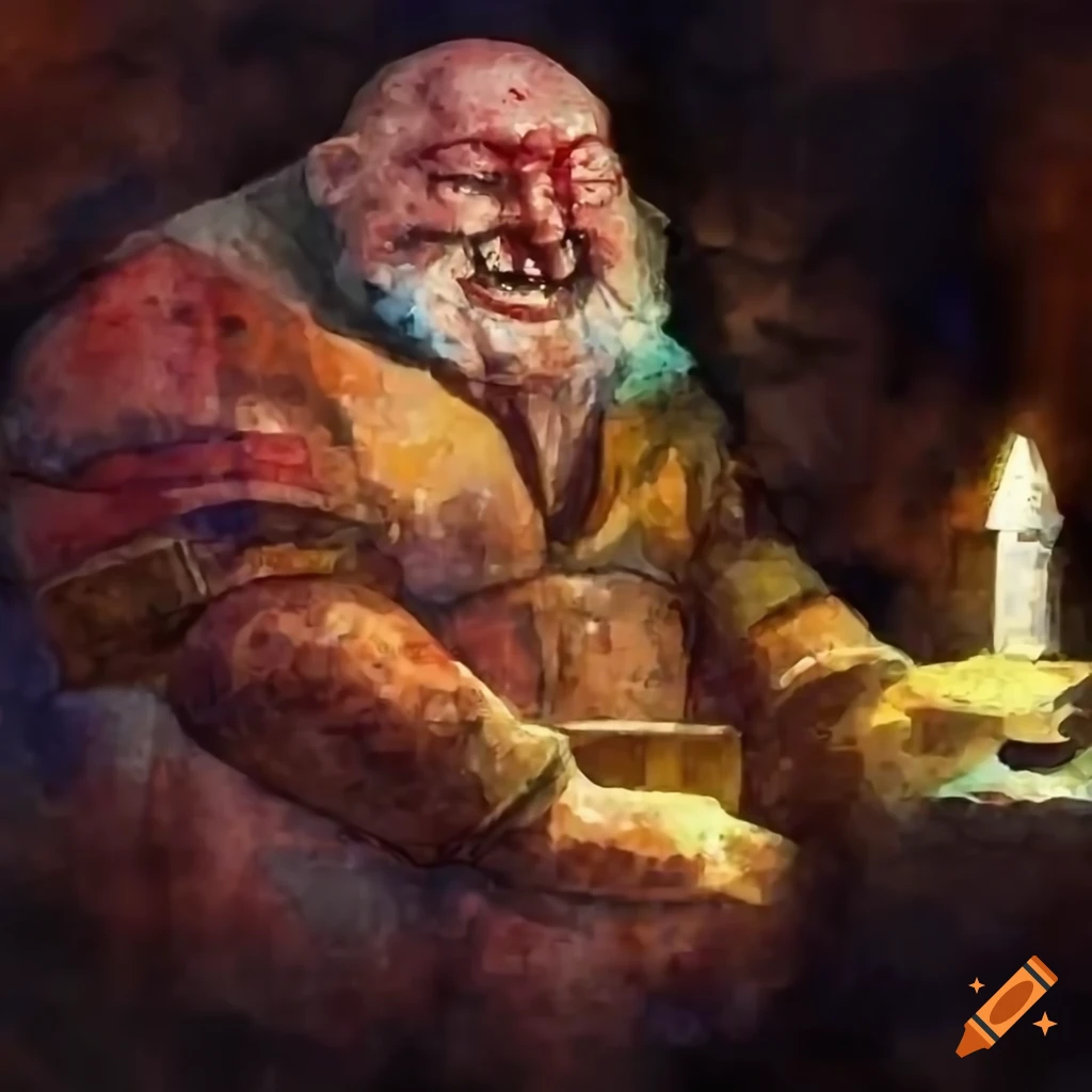 Laughing fat dwarf merchant creating a hammer in his room with dark ...