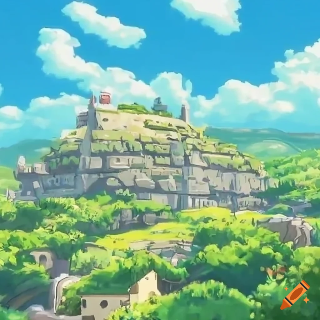 Panorama of a stone city, studio ghibli, extreme detail