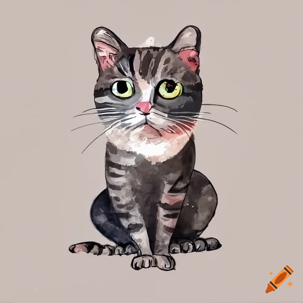 Funny cat, cartoon style, thick lines, line art, white and black