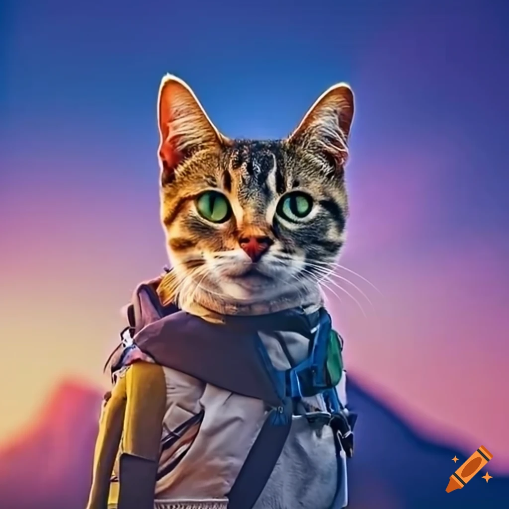 Cat wearing hiking gear on a mountain on Craiyon