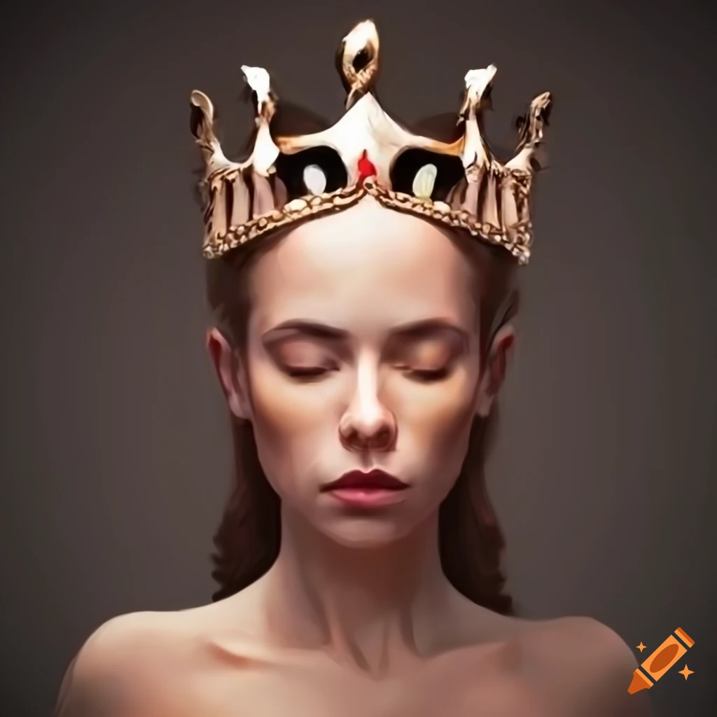 A woman with a crown, closed eyes, looking defiant
