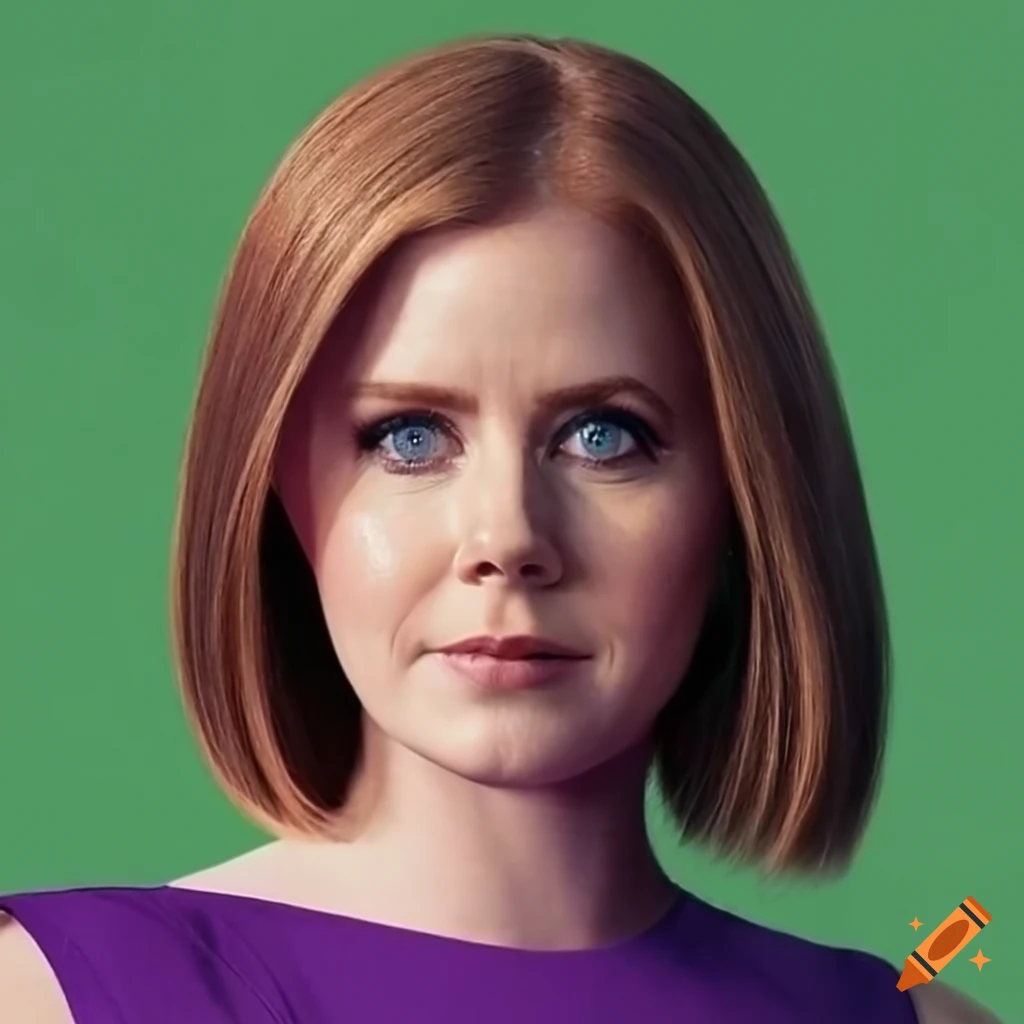 Amy adams swearing a straight bob haircut, purple sleeveless blouse ...