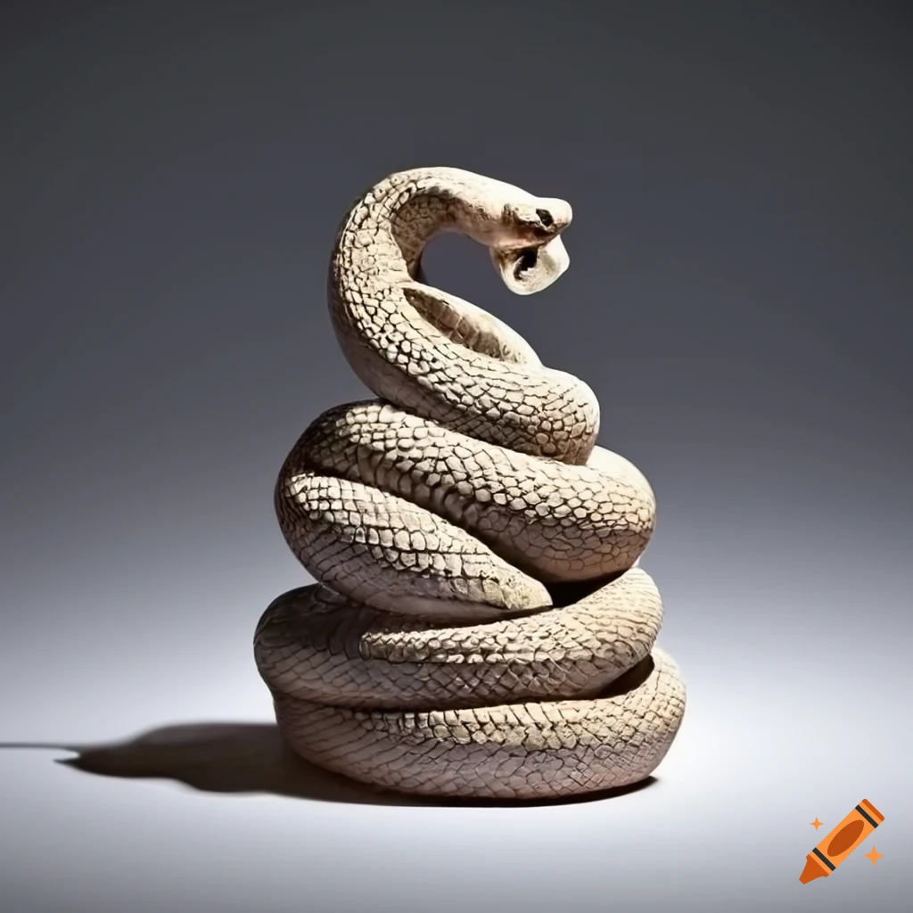 Stone sculpture of snake protecting her three eggs