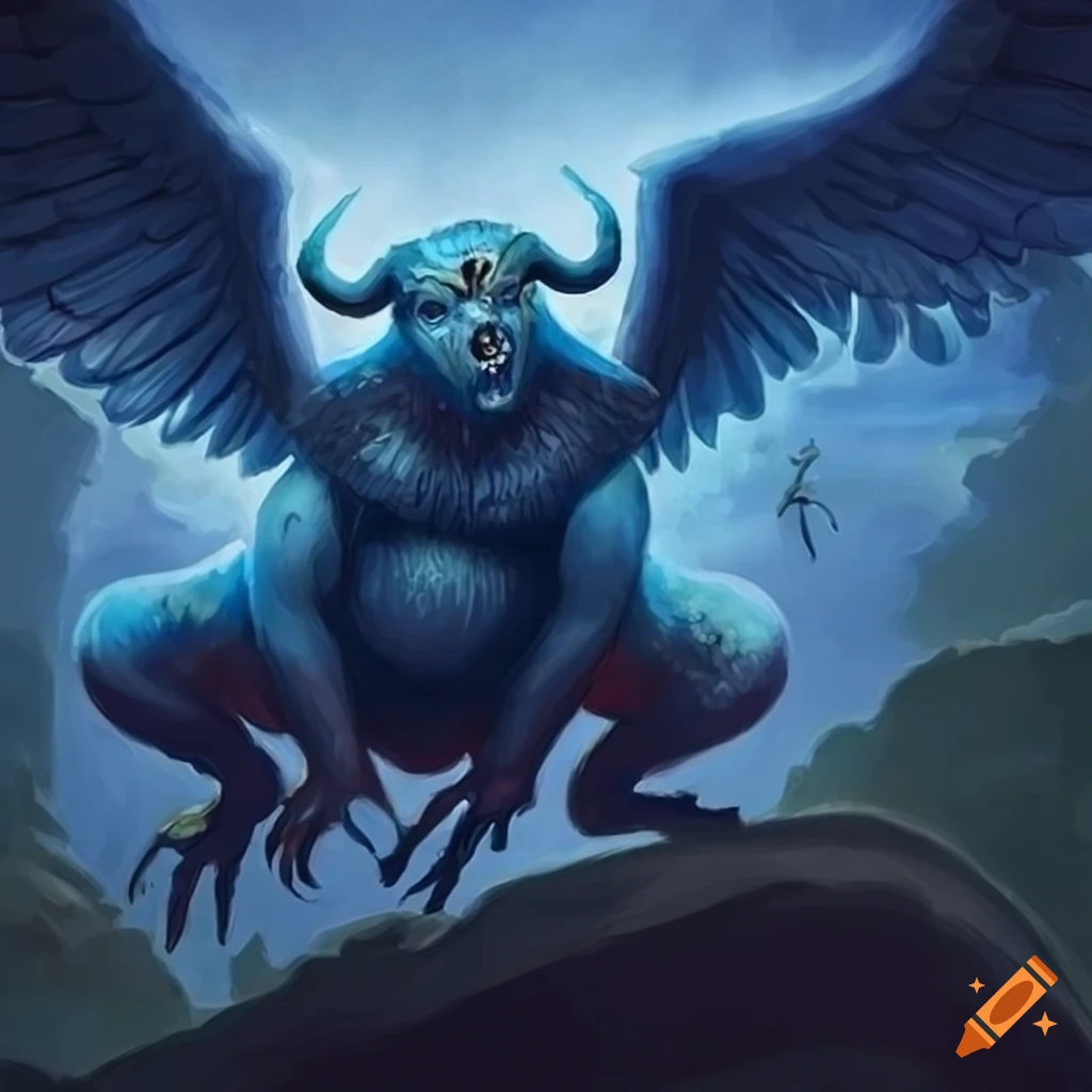 Chubby blue imp with horns and wings flying through a fantasy setting ...