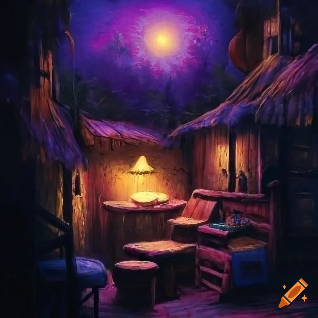 Interior of a poor and primitive nipa hut at night, violet and blue and ...