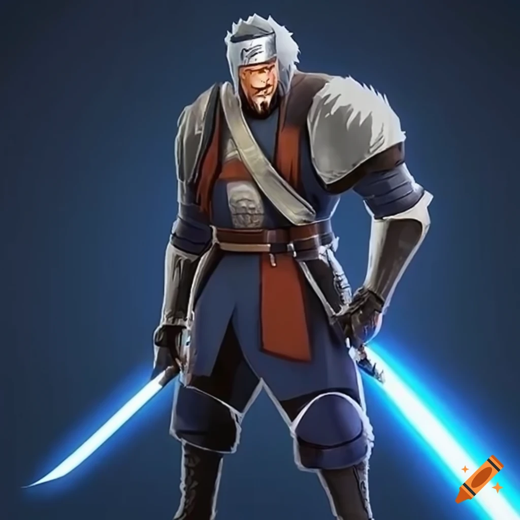 Obi Wan Kenobi fusion Jiraiya as blue templar armor knight with sword on Craiyon