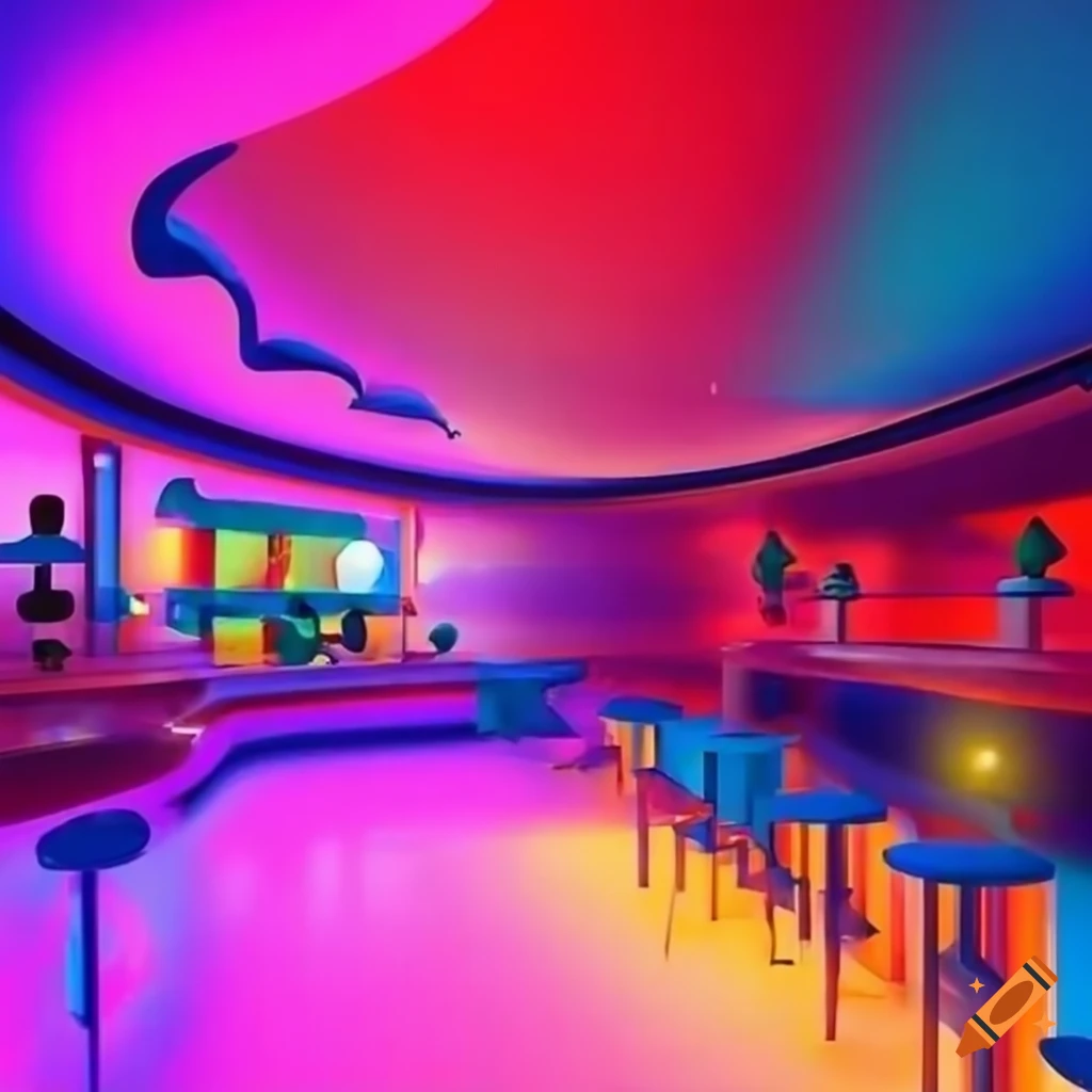 Vibrant futuristic bar with people enjoying colorful abstract surroundings