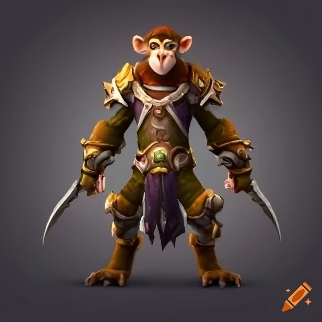 Monkey with world of warcraft weapon and armor, disney style, larger ...