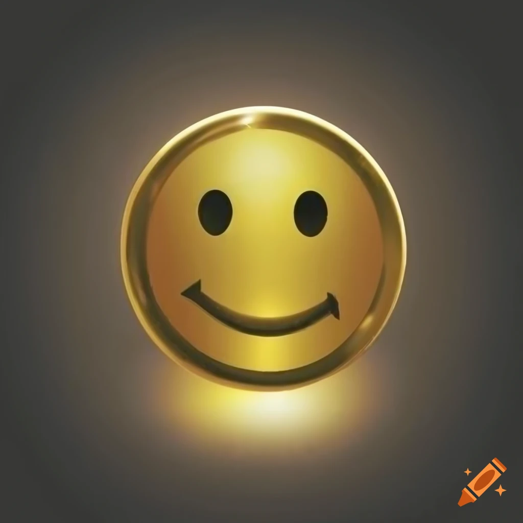 A shiny golden smiley face on a dark background on Craiyon