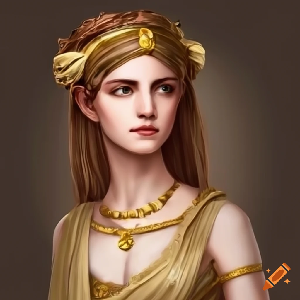 A beautiful young Artemis with long chestnut hair in modest Greek ...