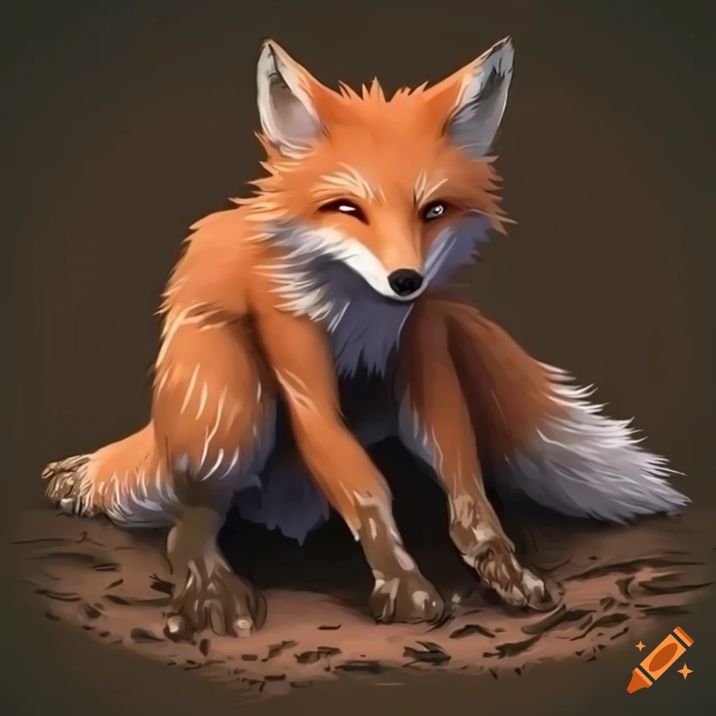 Sleek muddy furry anime fox playing in the mud, close up, realistic on ...