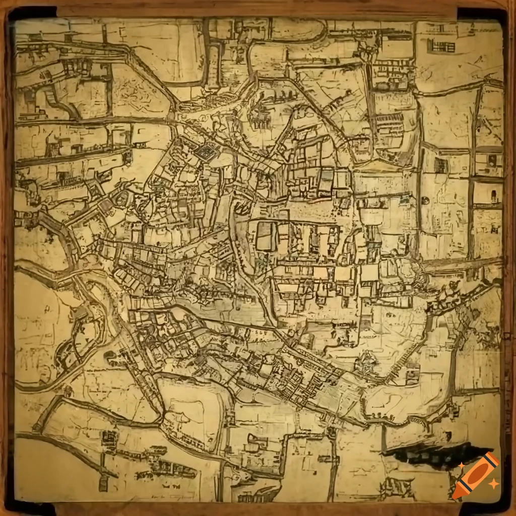 Map of an old town with walls showing a river, different districts and ...