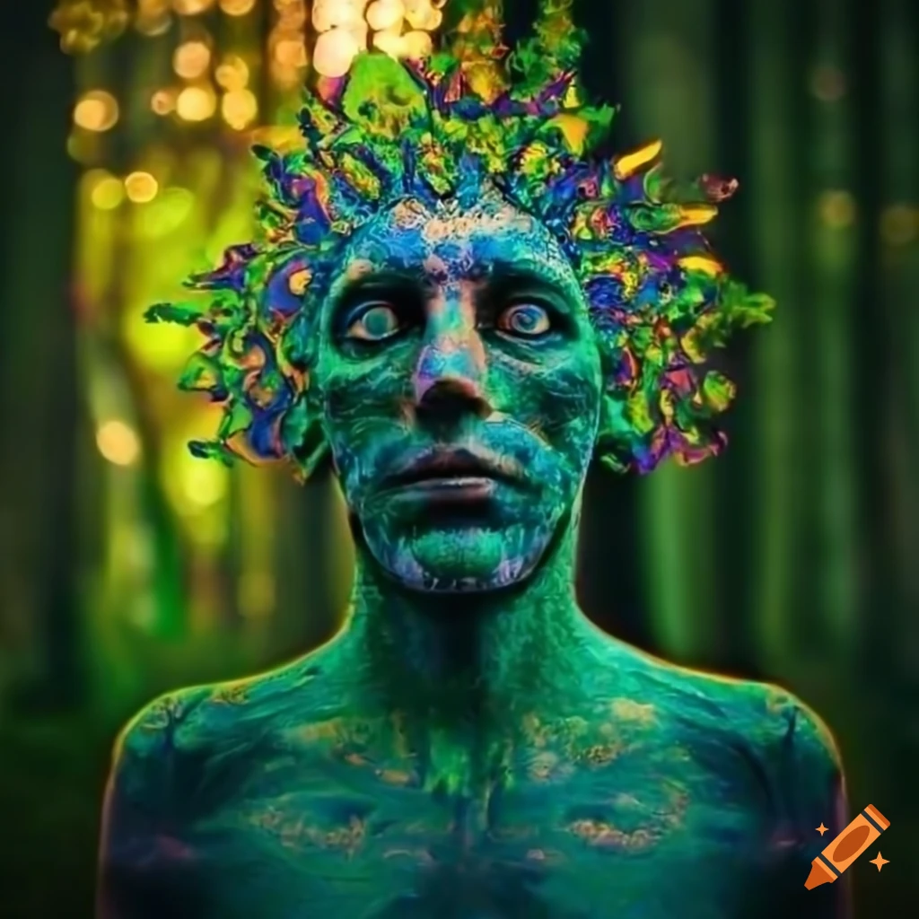 Psychedelic oak tree with green man in a psychedelic forest