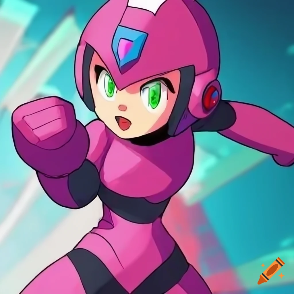 A female megaman in vibrant pink armor, ready for battle
