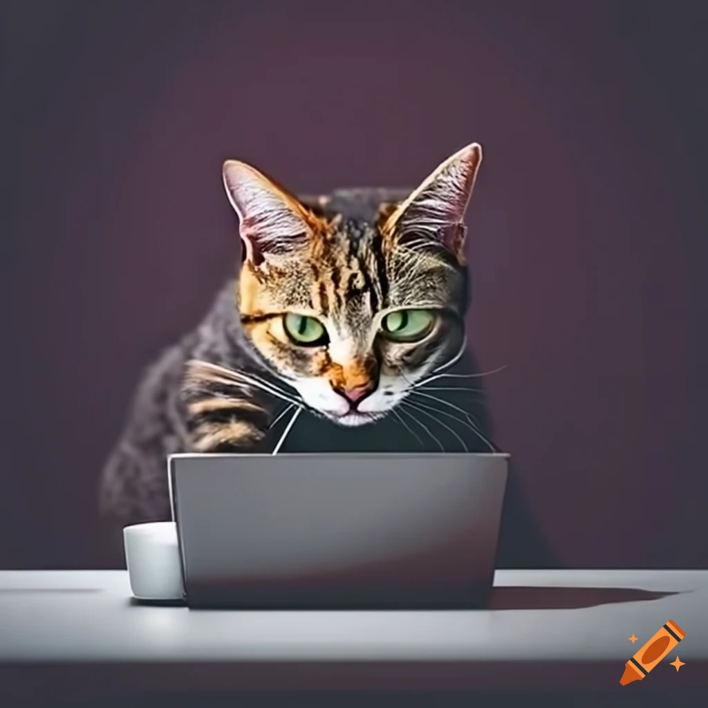 A cat drinking coffee working on a computer on Craiyon