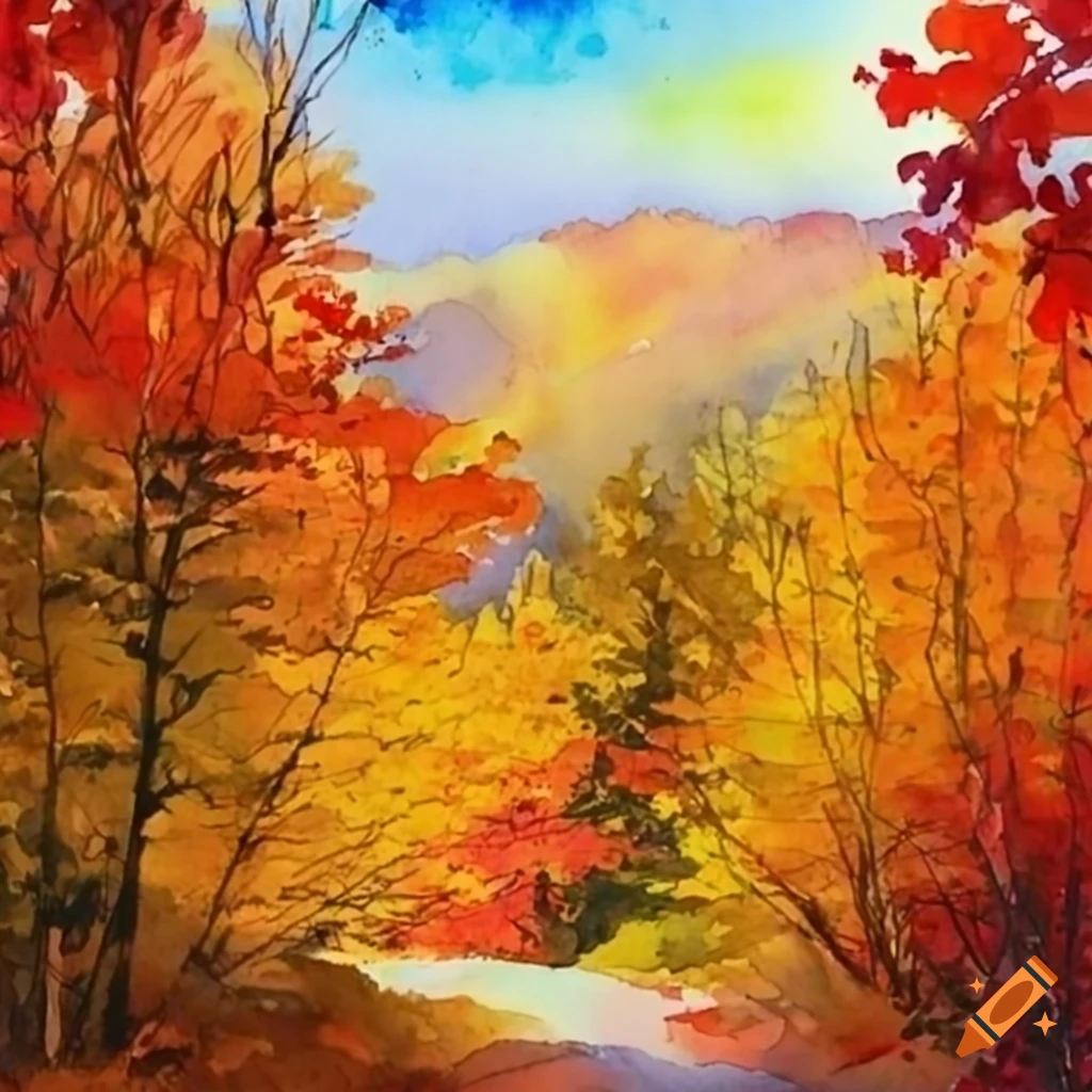 Autumn foliage in the blue ridge mountains, watercolor painting