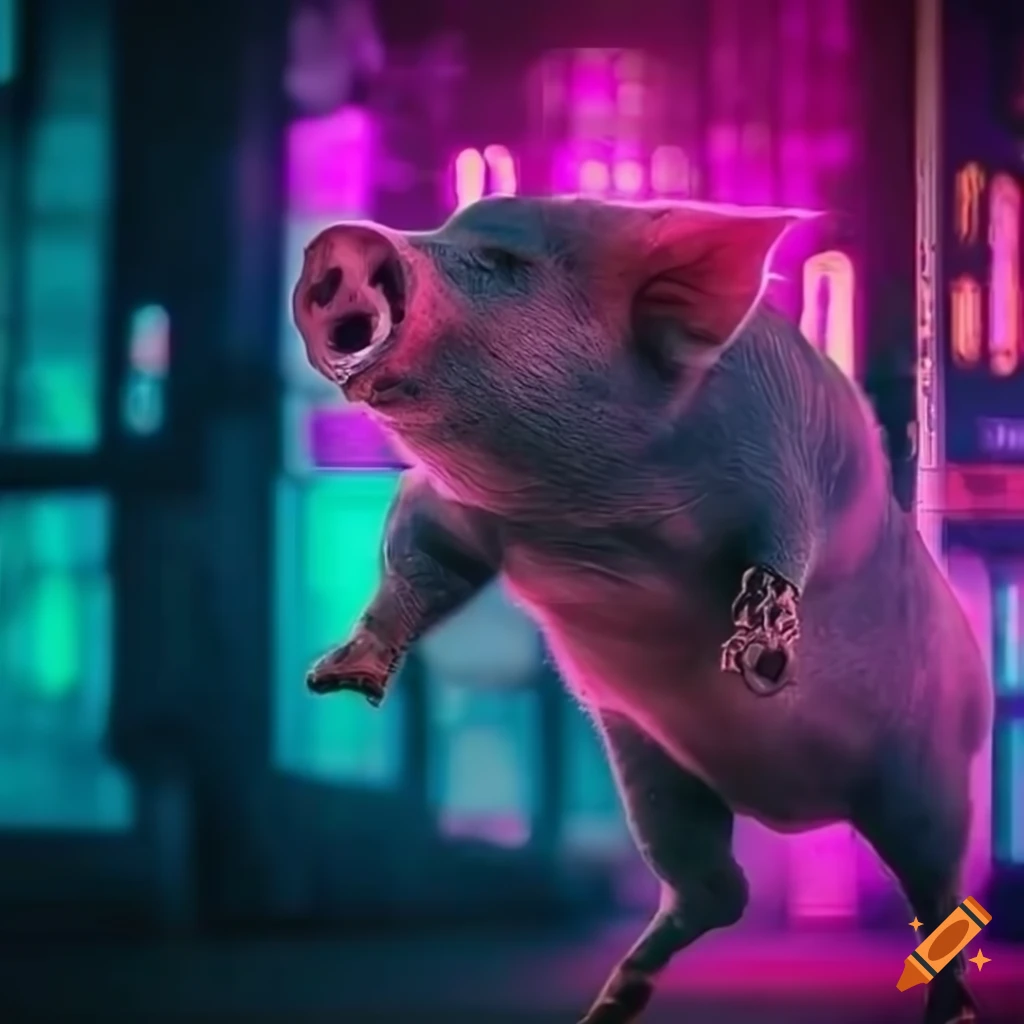 Badass cute cyberpunk happy running pig - side view on Craiyon