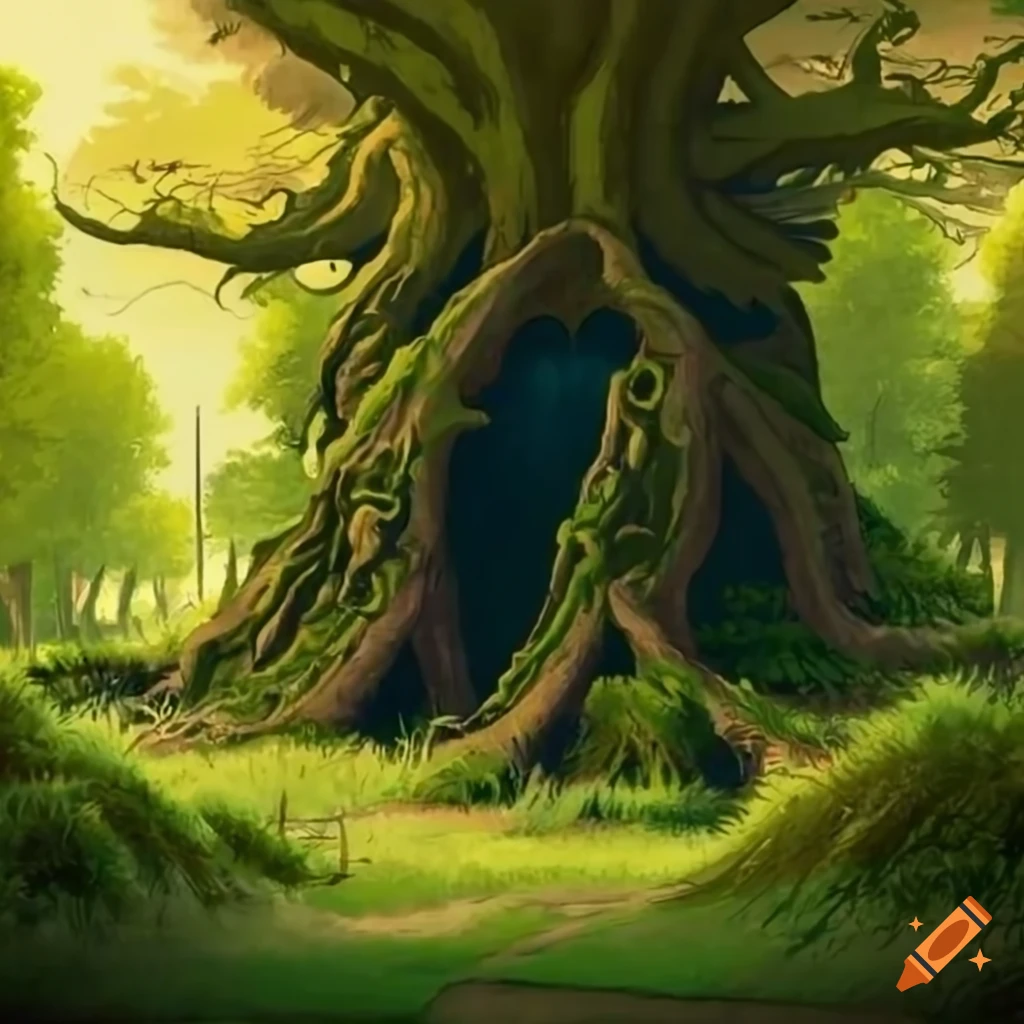 A mythical drawing of an overgrown lane with great oak trees on the ...