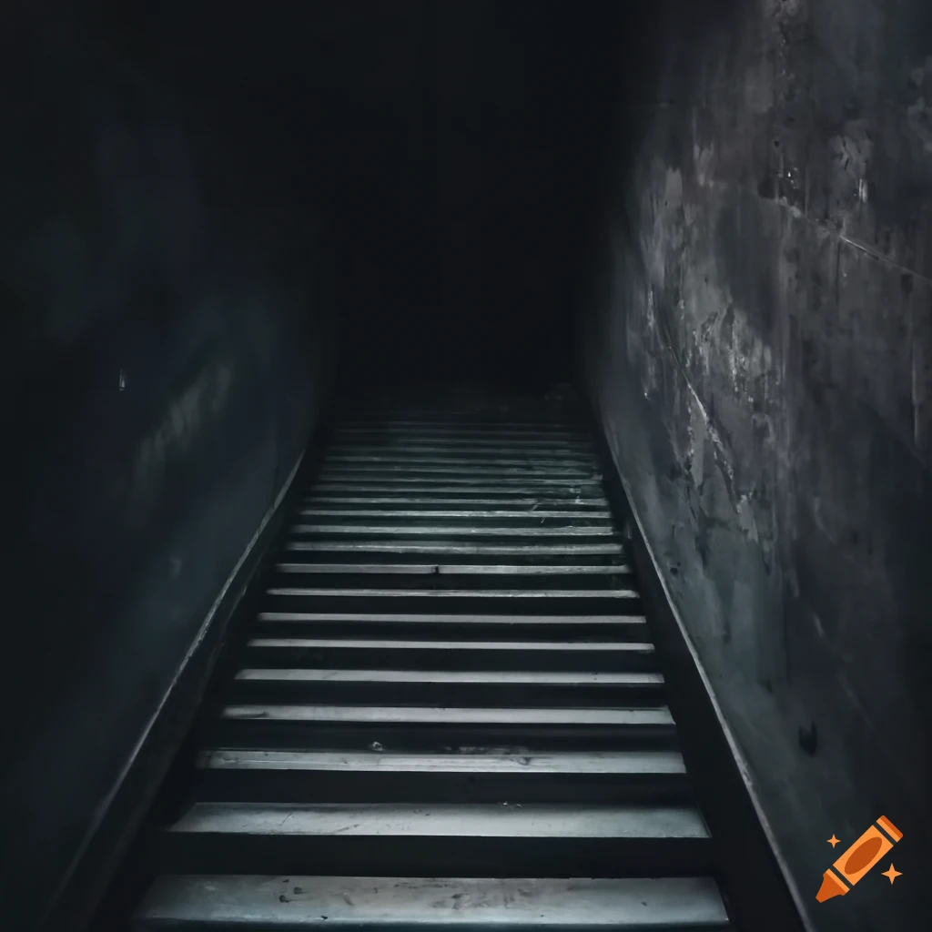 Dark concrete and metal stairwell going downwards, eerie on Craiyon