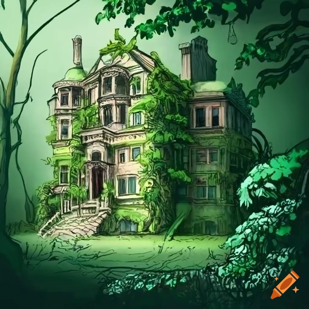 A mythical drawing of a beautiful old mansion overgrown in ivy
