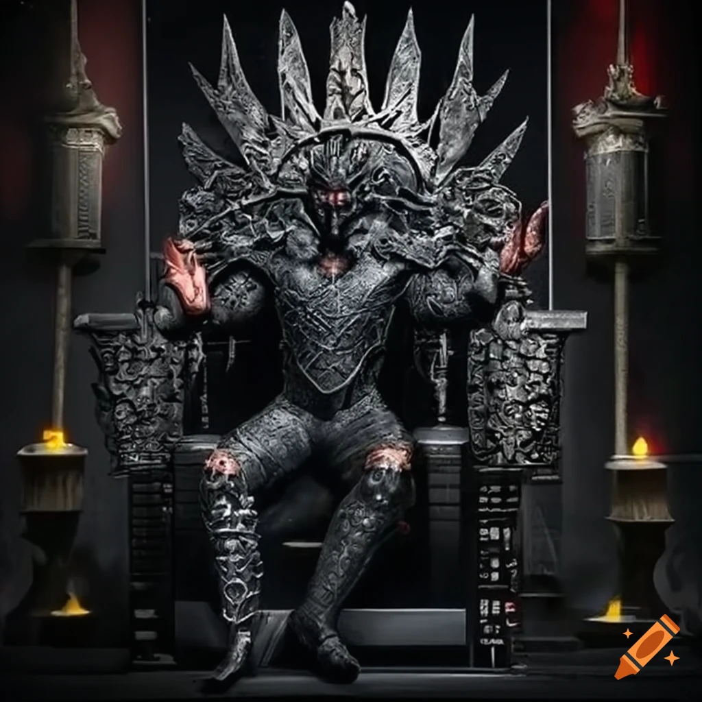 A fearsome dark warrior king on a menacing throne