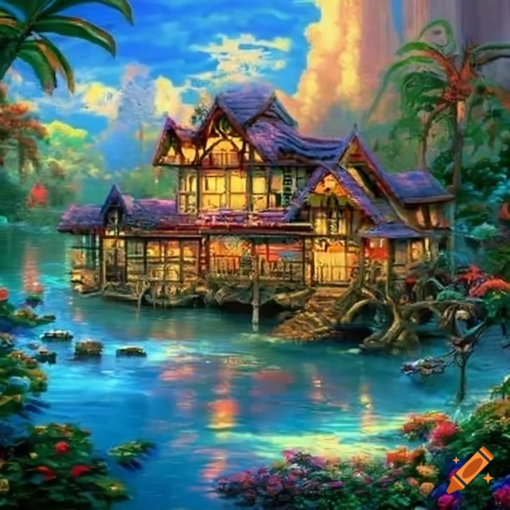 Tropical fantasy empire filipino houses, thomas kinkade style
