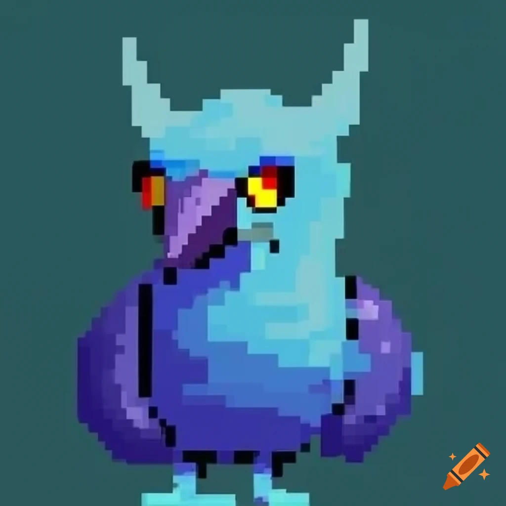 Pixel art of a blue nerdy humanoid bird in the artstyle of Deltarune on ...