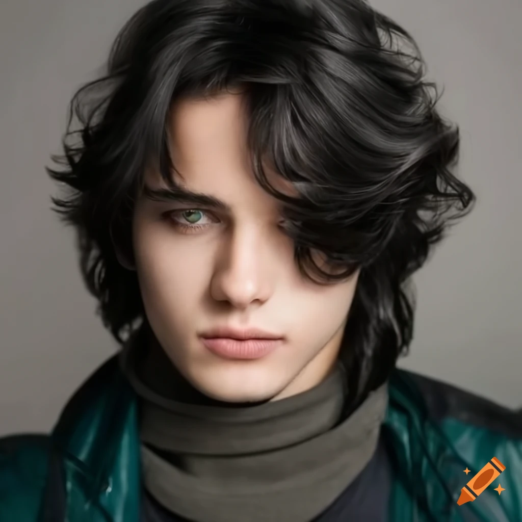 Young man with shoulder length wavy black hair and green eyes on Craiyon