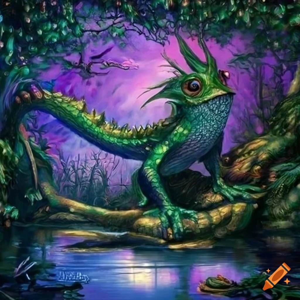 Frog dragon hybrid in a swamp, fantasy, green and violet and gold, thomas kinkade style on Craiyon