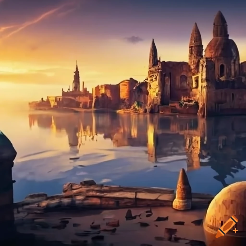 Mediterranean destroyed medieval fantasy city at lake golden hour on ...