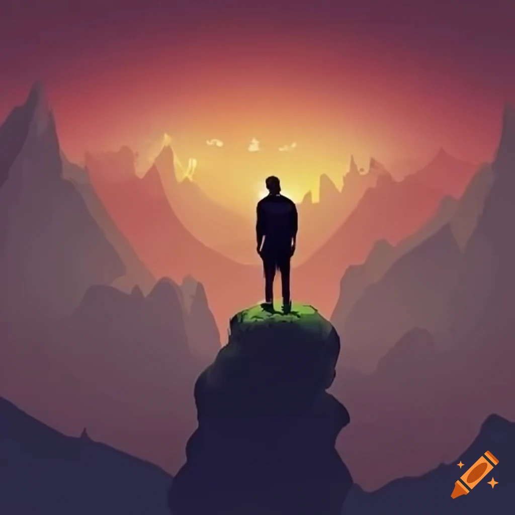 A man standing courageously in front of a majestic mountain. The ...