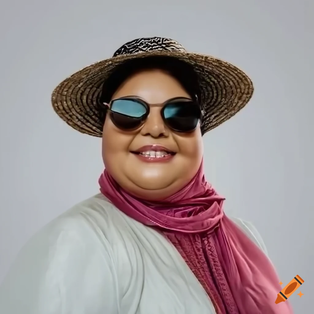 Fat arabic woman wearing sunglass and straw hat; smiling; isolated on ...