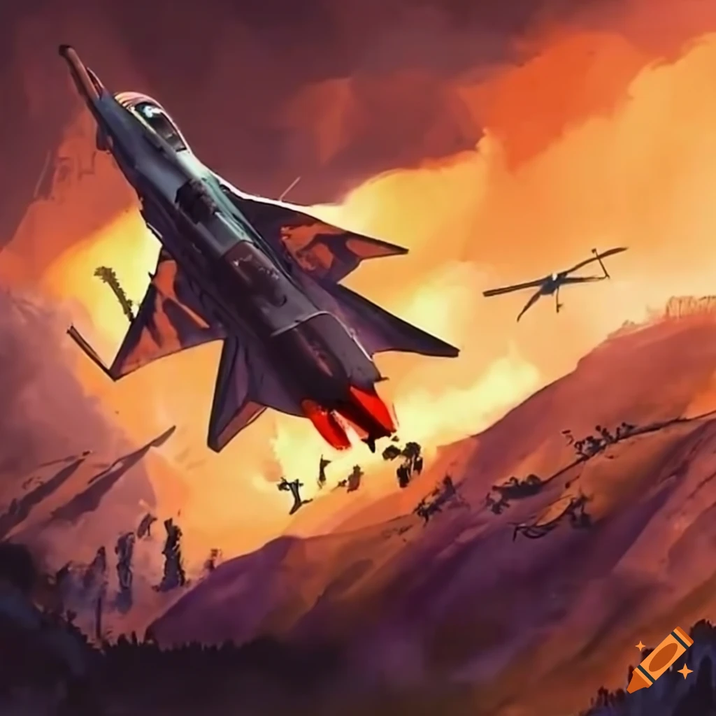 Jet fighter low-level strafing ground attack over hills and valleys on ...