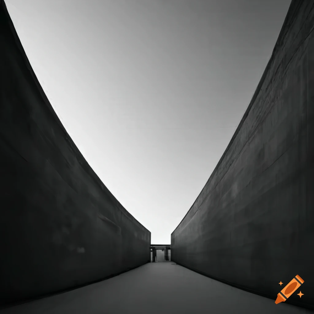 Gigantic curved windowless reinforced concrete building in tadao ando style