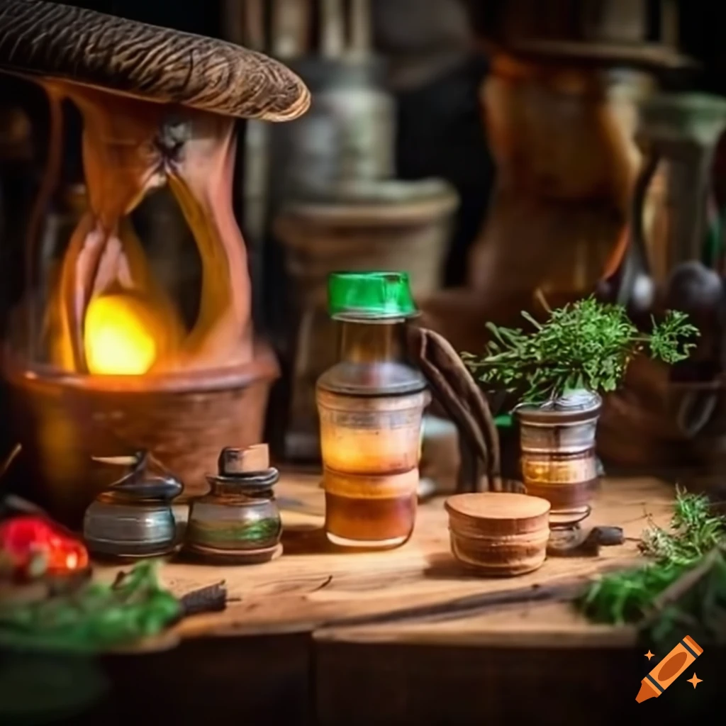 A witch doctor table, with herbs and potions