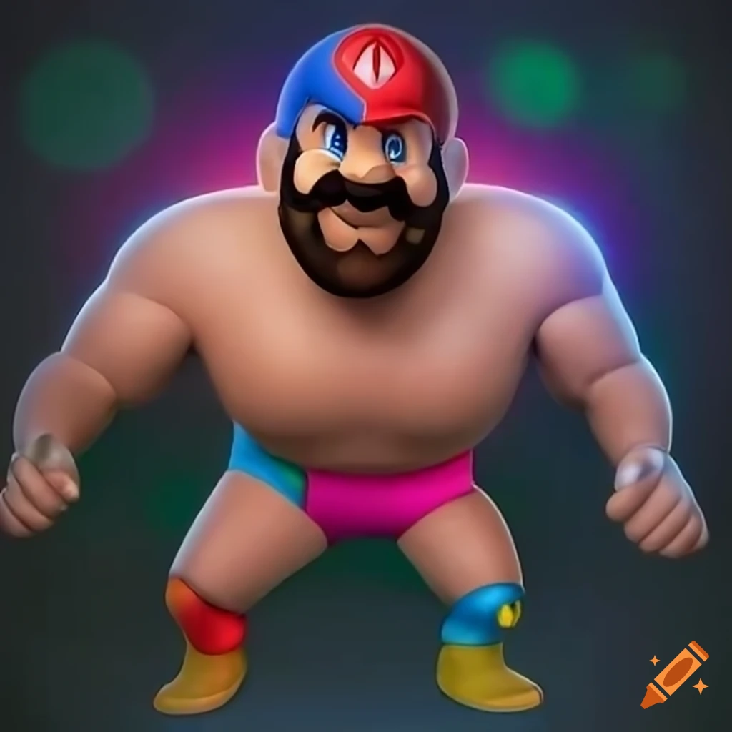 Bearded Iraqi Super Mario wrestler cartoon on Craiyon