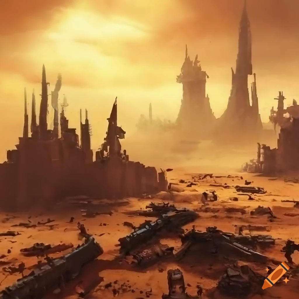A wasteland desert, wide-angle, panorama, with "Warhammer 40k Hive City ...