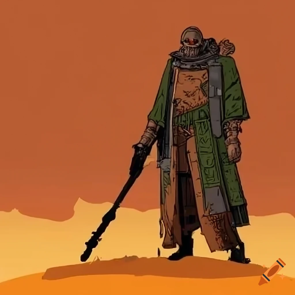 A warhammer 40k ash waste nomad walking a barren deserst