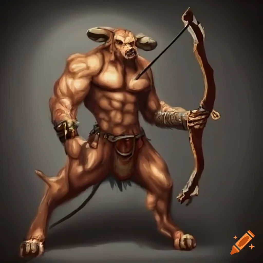 A fierce minotaur warrior wielding a bow and arrow on Craiyon