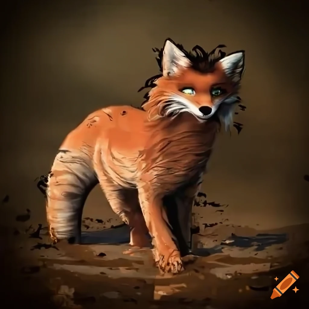 Sleek muddy furry anime fox playing in the mud, close up, realistic on ...