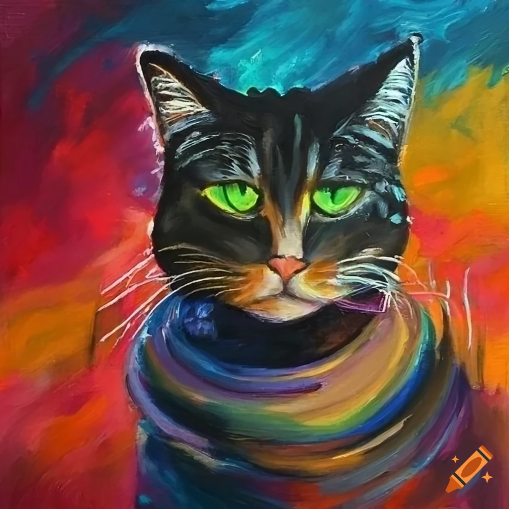 Acrylic painting of a cat in a concert crowd, sleeping