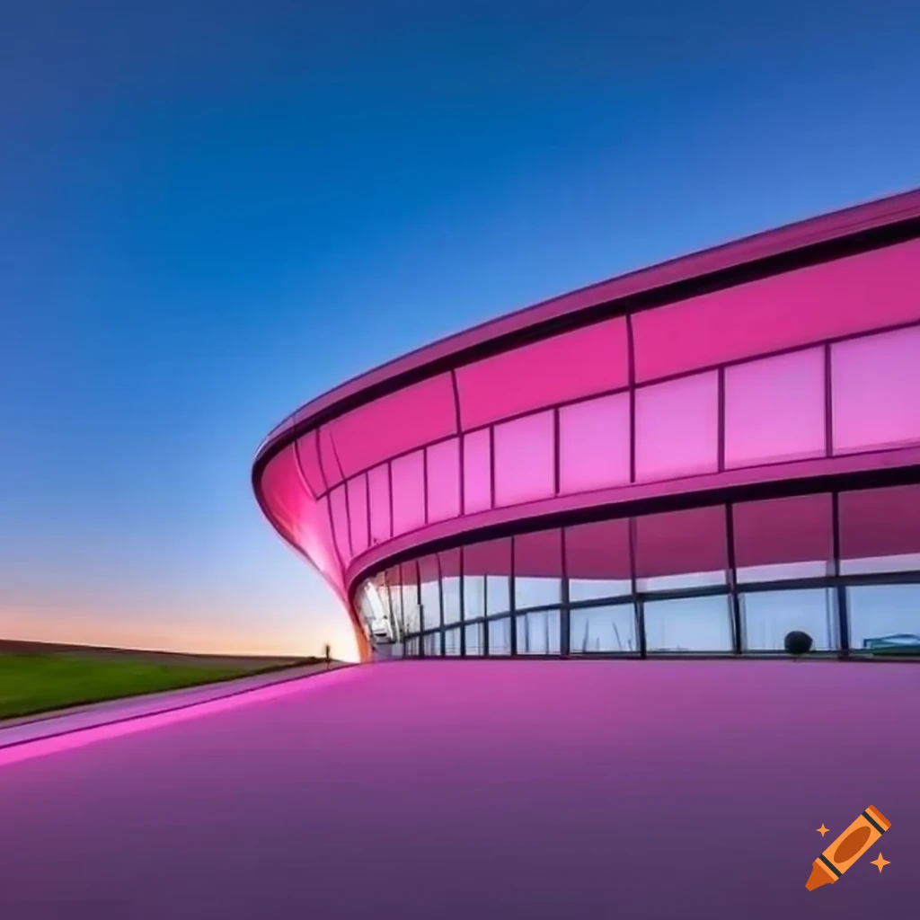 Modern recreation center with unique pink windows and curved architecture