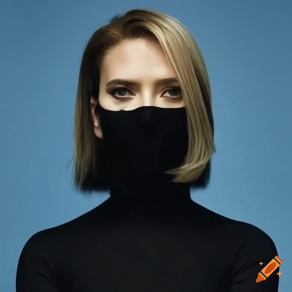 Scarlett johansson wearing a straight bob haircut, black turtleneck, blue background on Craiyon