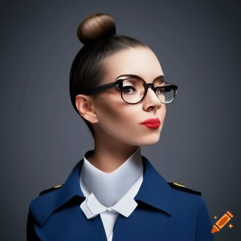 A Beautiful Woman Wearing Glasses Bun Hairstyle Dark Blue Uniform Jacket With Tall Light Grey