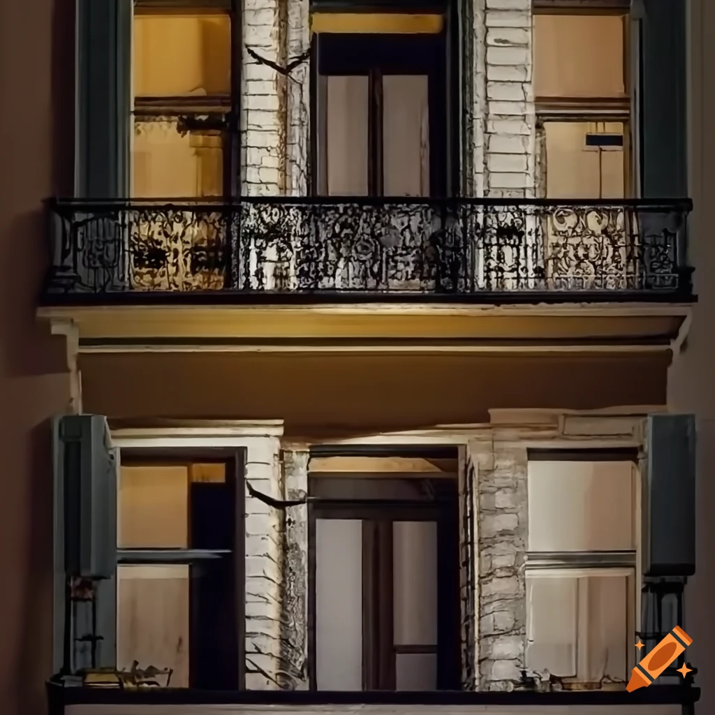 Balcon de edificio en primerisimo primer plano, es de noche. El balcón ...