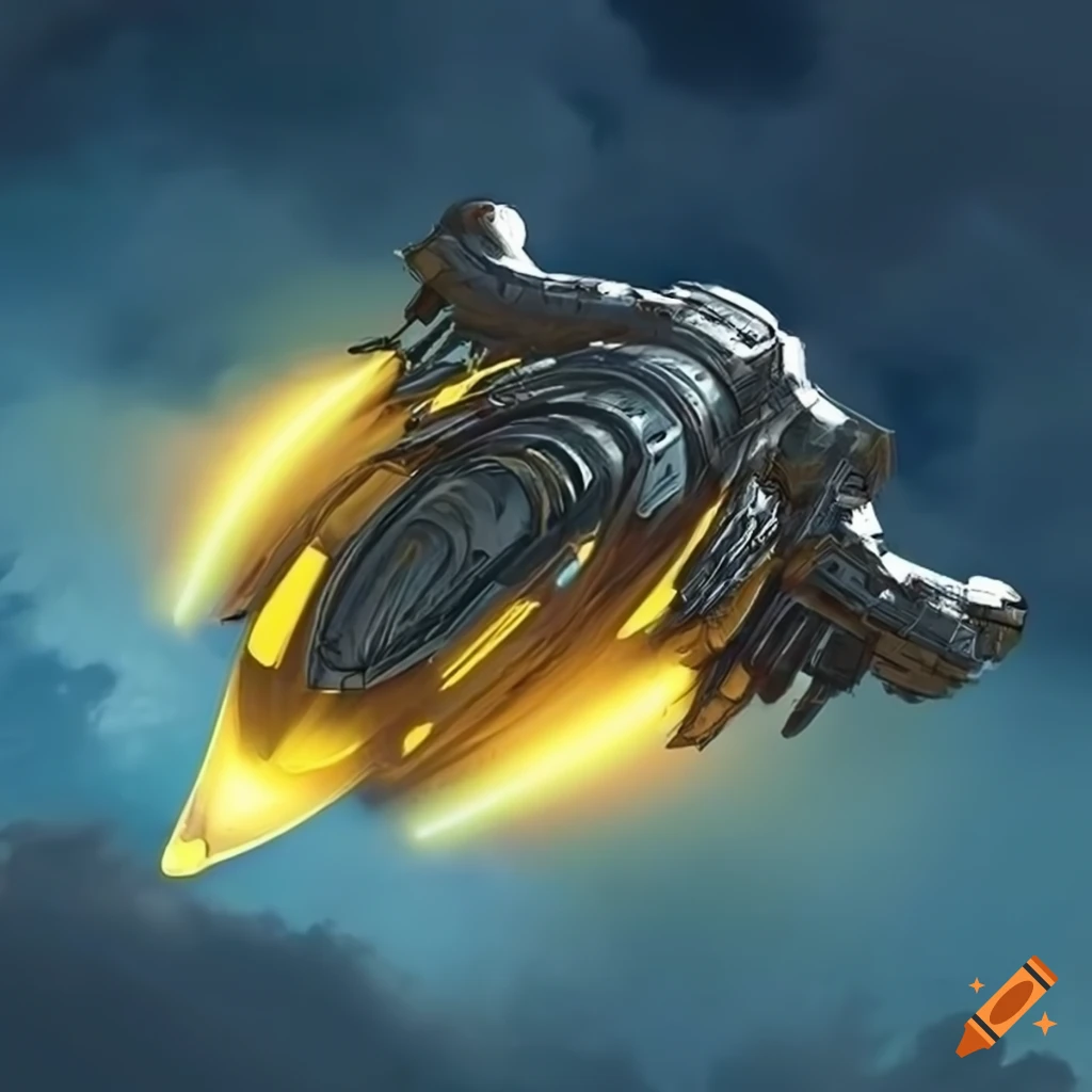 A large wide yellow scifi spaceship floating above clouds