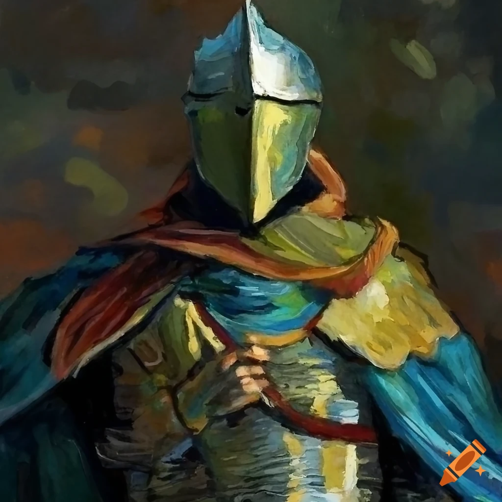 Van gogh painting of a cloaked knight in shiny armor, portrait, heroic ...