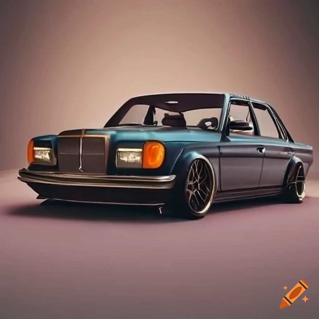 A Mercedes Benz w123 with lowered suspesion and a widebody kit on Craiyon